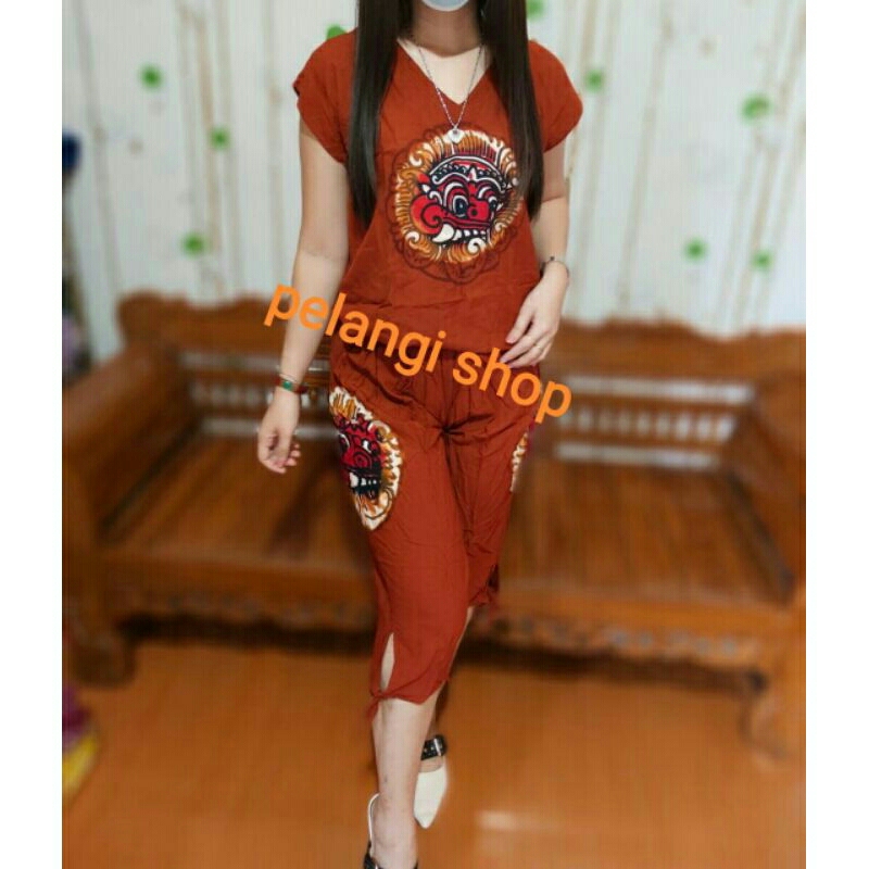 Jual setelan baju bali leher V motif barong lukis size M-XXXL celana 7/8 bahan tebal dan adem ...