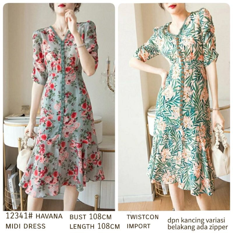 Jual 12341 Baju mididress FLORAL midi Dress pesta lengan pendek dres Korea Korean style wanita ...