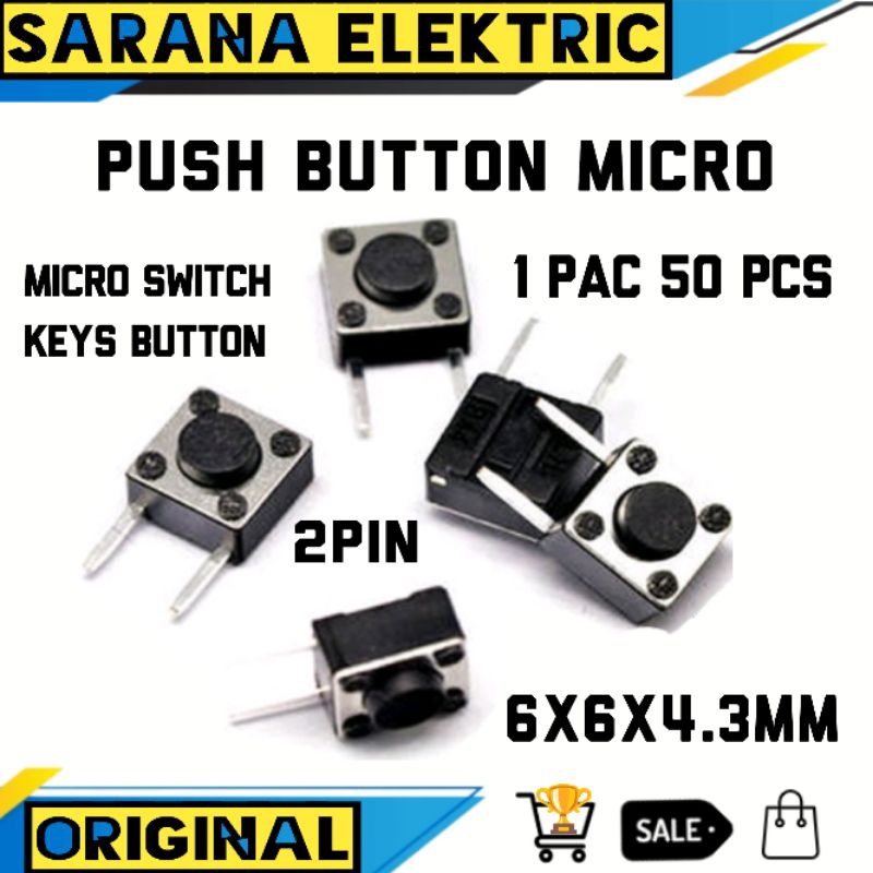 Jual 6X6X4.3 2P TOMBOL SAKLAR TOMBOL SENTUH MIKRO ON OFF 2 PIN 6*6*4 ...