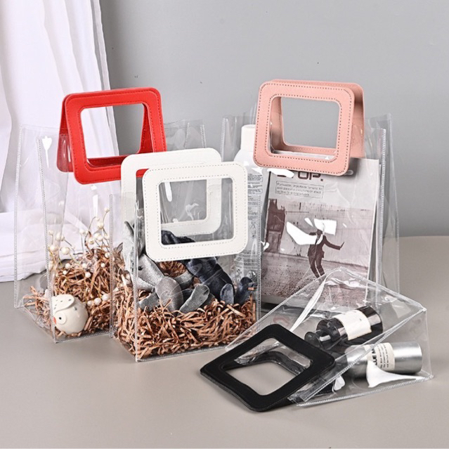 Jual EXTRA TEBAL TAS MIKA SOUVENIR HANDLE KULIT PVC TRANSPARAN BENING ...