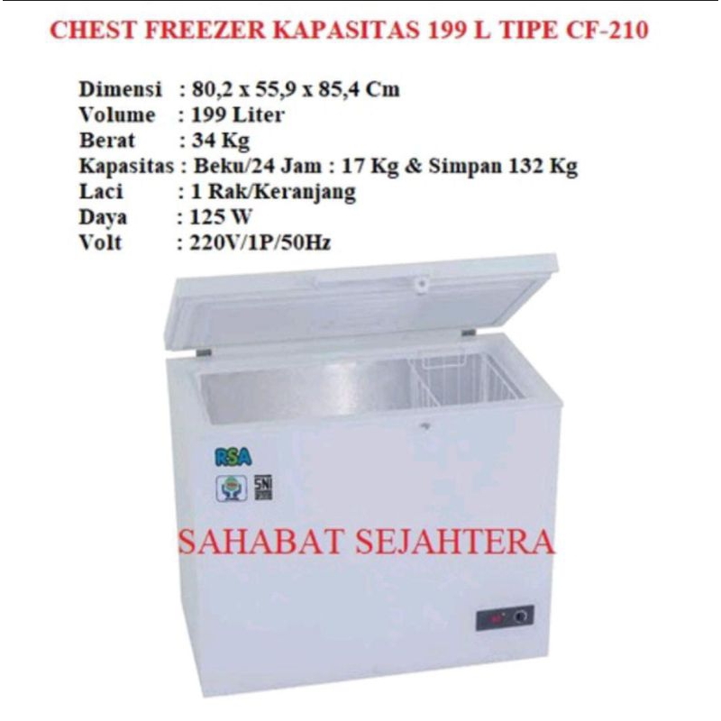 Jual Chest Freezer RSA CF-210 / CF210 / CF 210 Kapasitas 199L ( KHUSUS ...