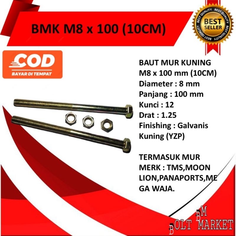 Jual Baut + Mur Hex Kuning M8 X 100 MM BMK Hex (Kunci 12) Glavanis | Shopee Indonesia