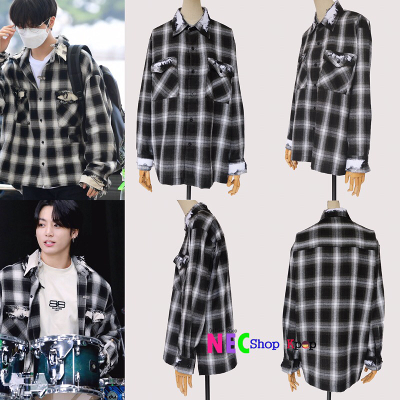 Jual Jisung NCT, Jungkook BTS Ripped Flannel Shirt Black White kemeja ...