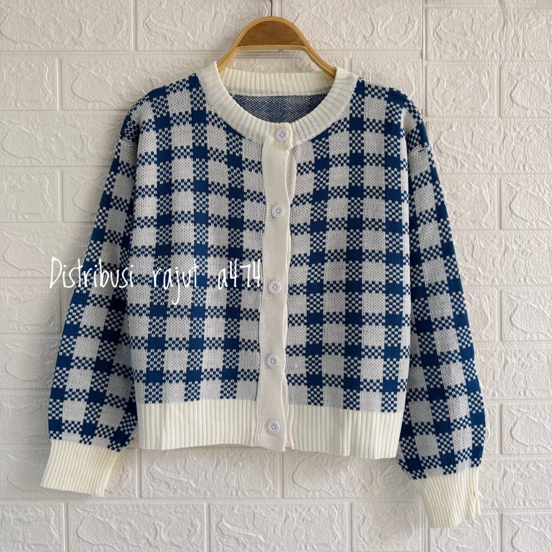 Jual MAY CARDIGAN RAJUT KANCING CROP TOP MOTIF KOTAK KOTAK | Shopee Indonesia