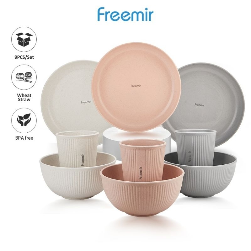 Jual freemir set 9pcs alat makan kombinasi piring mangkok gelas wheat ...
