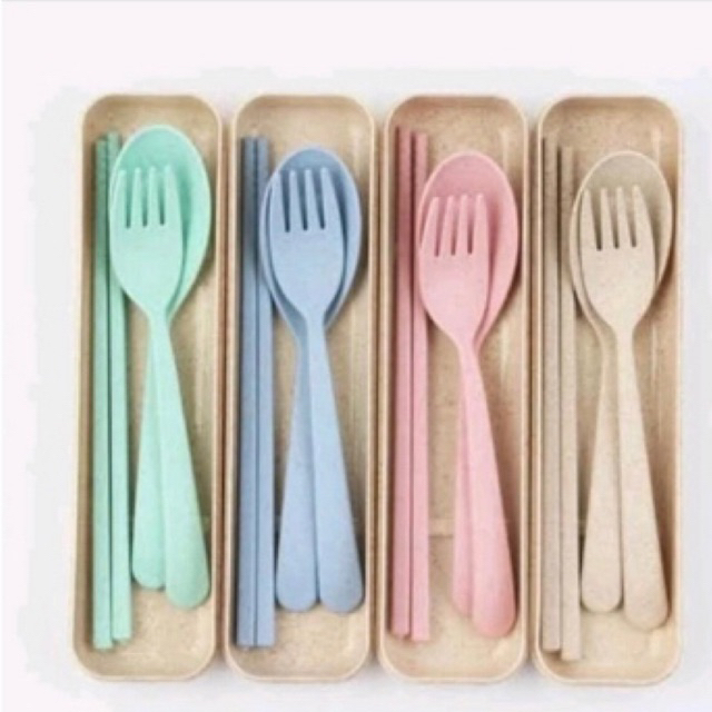 Jual HLS - Sendok Set Garpu Sumpit Free Box Sendok Set Bahan Jerami ...