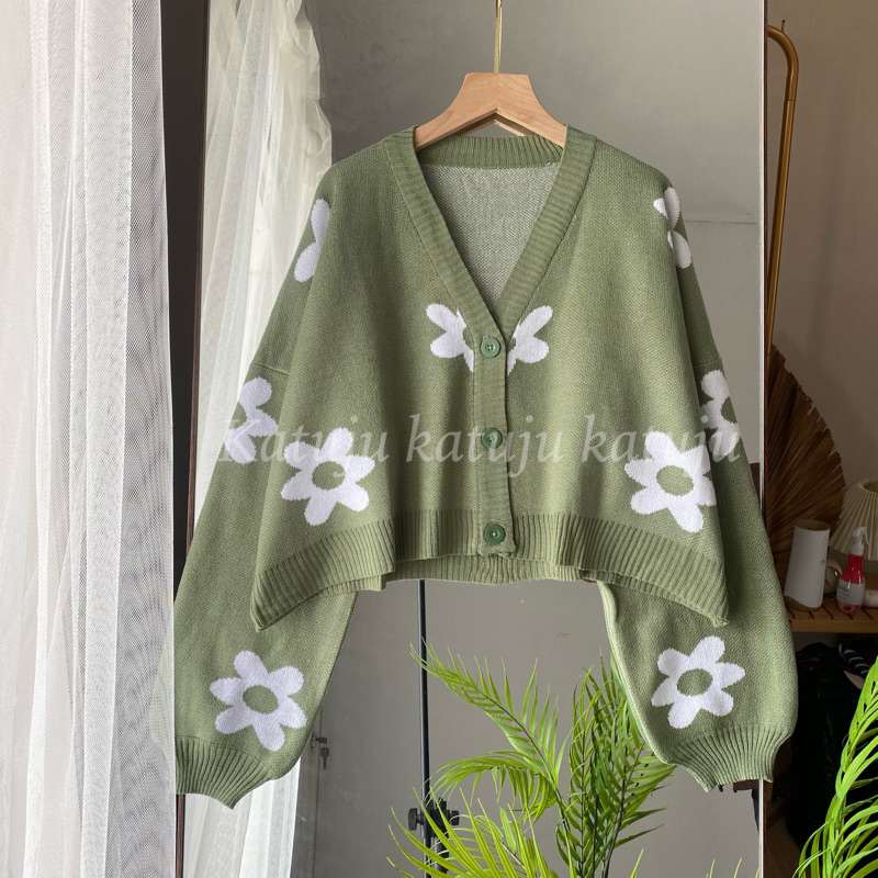 Jual CARDIGAN CROP RAJUT MOTIF BUNGA FLY | Shopee Indonesia