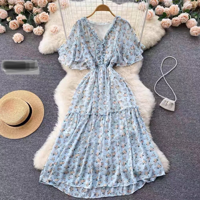 Jual Ainon Dress Korean Summer Floral Vintage Midi Sweet Holiday Gaun ...