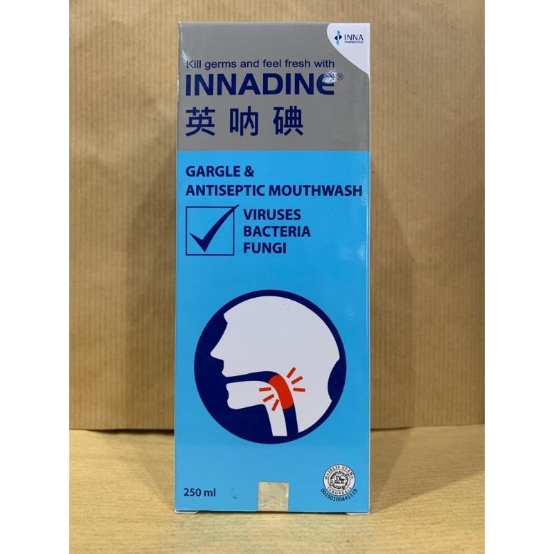 Jual Innadine Gargle & Antiseptic Mouthwash 250ml utk kumur² | Shopee Indonesia