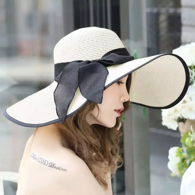 Jual Topi Pantai Wanita Lebar Import / Topi Pantai Wanita Pita Rotan / Straw Hat Labrika House ...