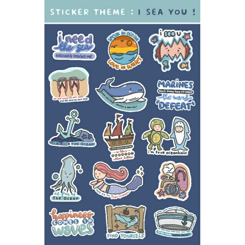Jual [15 PCS] STIKER TEMA LAUT (STICKER THEME : I SEA YOU!) LUCU MURAH ...