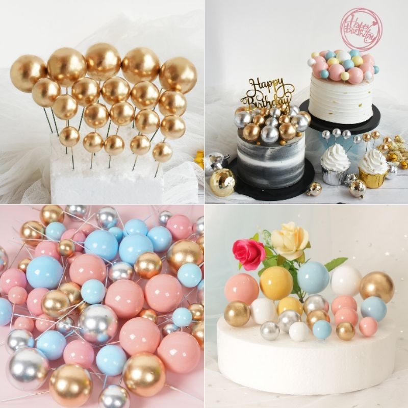 Jual CAKE TOPPER BOLA GOLD EMAS SILVER PUTIH PINK BIRU KUNING BOLA TUSUKAN CAKE BALON MUTIARA ...