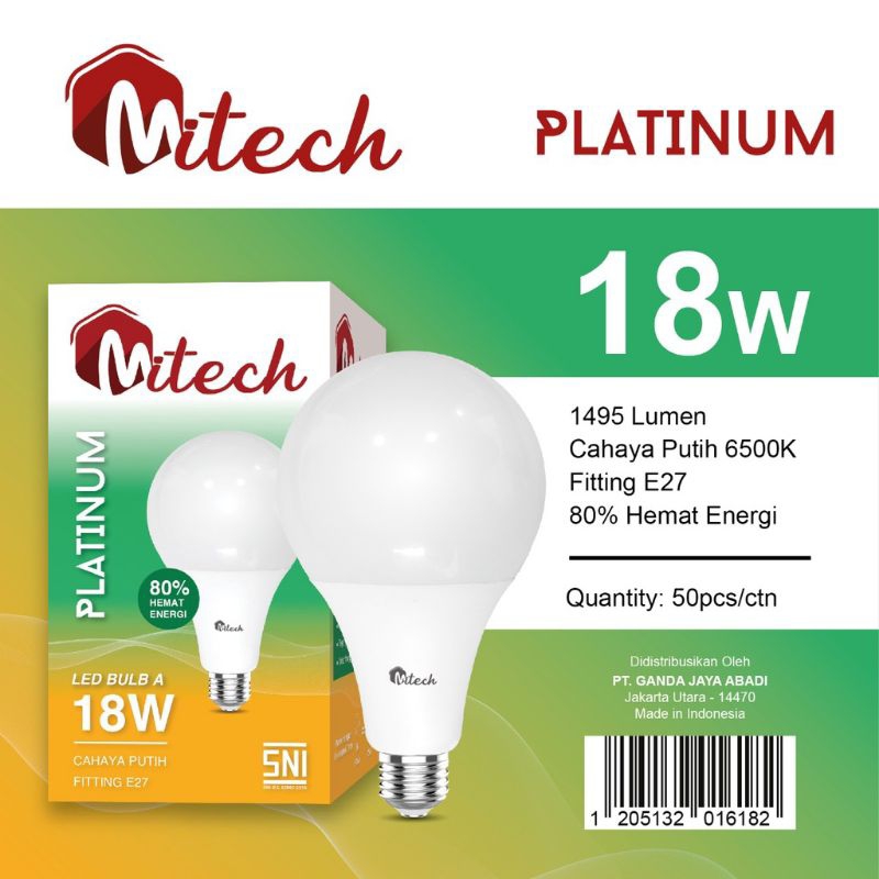 Jual Lampu Led 18 watt putih bulb Mitech platinum putih | Shopee Indonesia