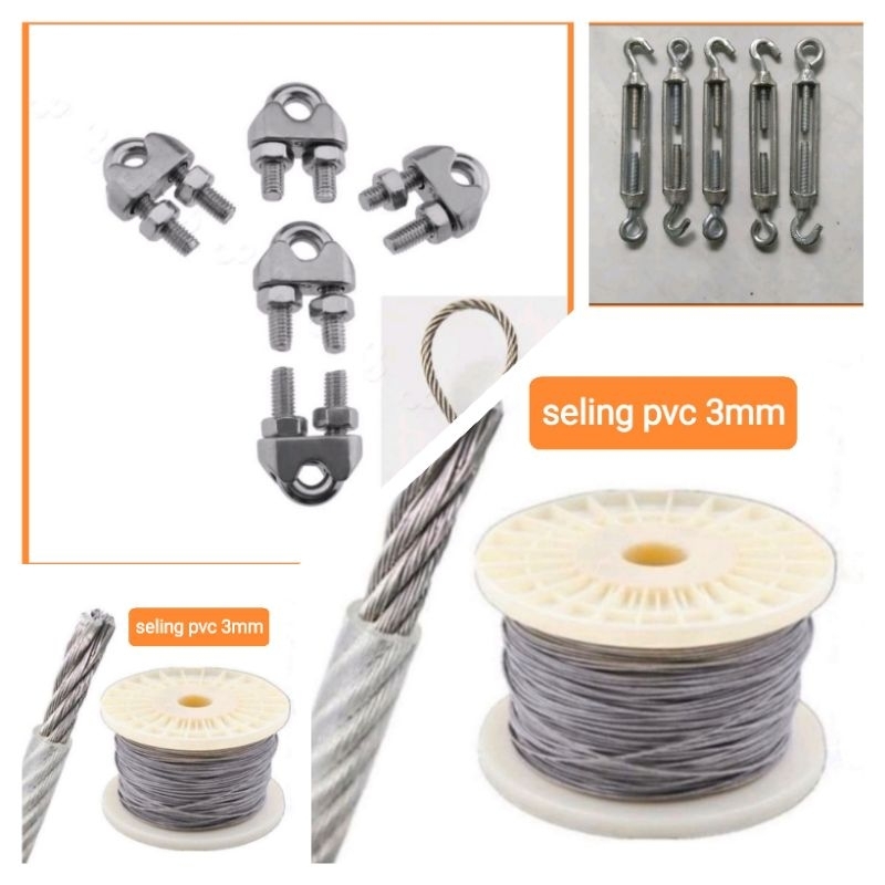 Jual paket tali kawat jemuran panjang 14 meter seling sling pvc 3mm ...