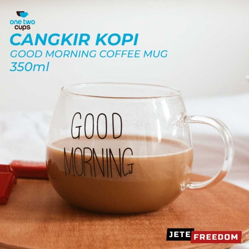 Jual Cangkir Kopi Aesthetic Kaca Unik 350ml Bening Good Morning Dengan Gagang Gelas Minum ...