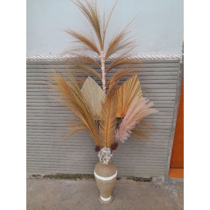Jual set premium bunga kering rayung stik dan vas 50cm dekorasi rustik ...