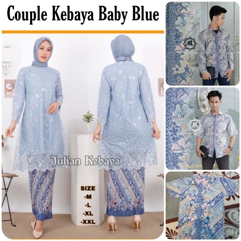 Jual Couple Kebaya Baby Blue / Set Kebaya Couple Kemeja Batik / Couple ...