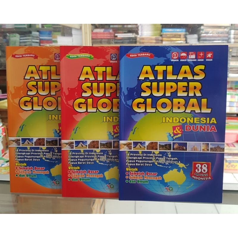 Jual Atlas super Global terbaru 38 provinsi Indonesia dan dunia uk. B5. full color 128 halaman ...