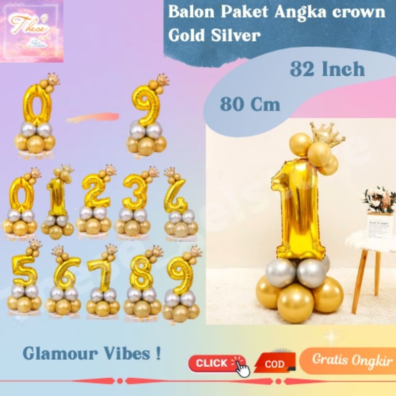 Jual Balon Angka Jumbo 80 cm crown gold set paket standing dekorasi ...