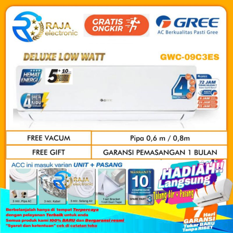 Jual AC GREE 1 PK GWC-09C3ES DELUXE LOW WATT GOLDEN FIN + BLUE FIN ...