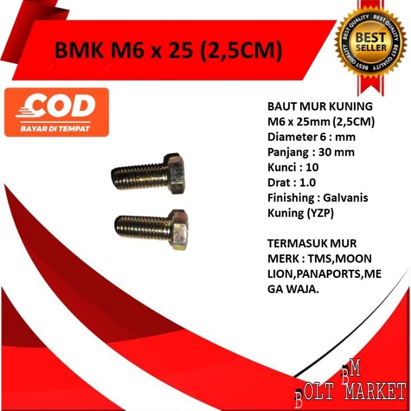 Jual Baut Mur Hex Kuning M6 X 25 BMK Hex (Kunci 10) Glavanis | Shopee Indonesia