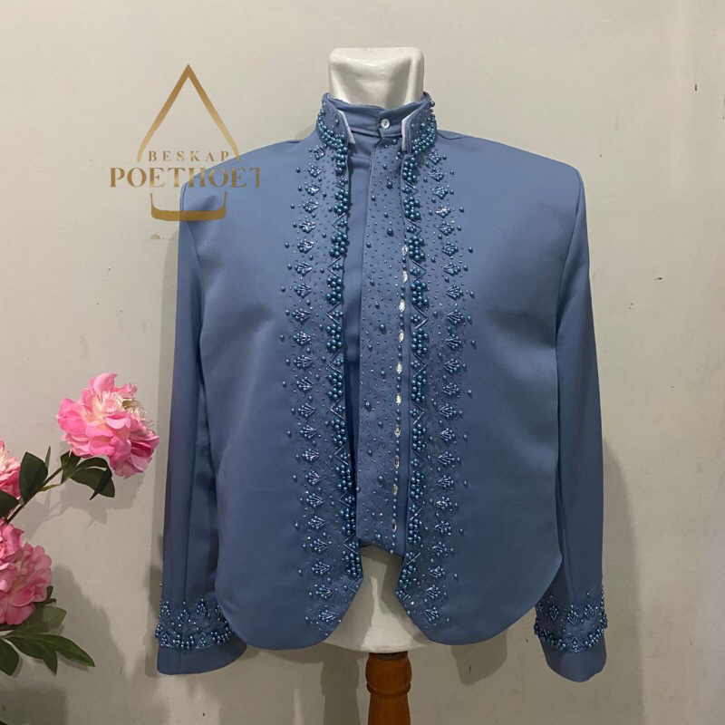 Jual beskap pengantin jawa solo hewes kroak bahan matte blue denim biru ...