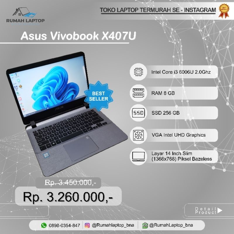 Jual Laptop Asus Vivobook X407U, core i3 gen 6 | Shopee Indonesia