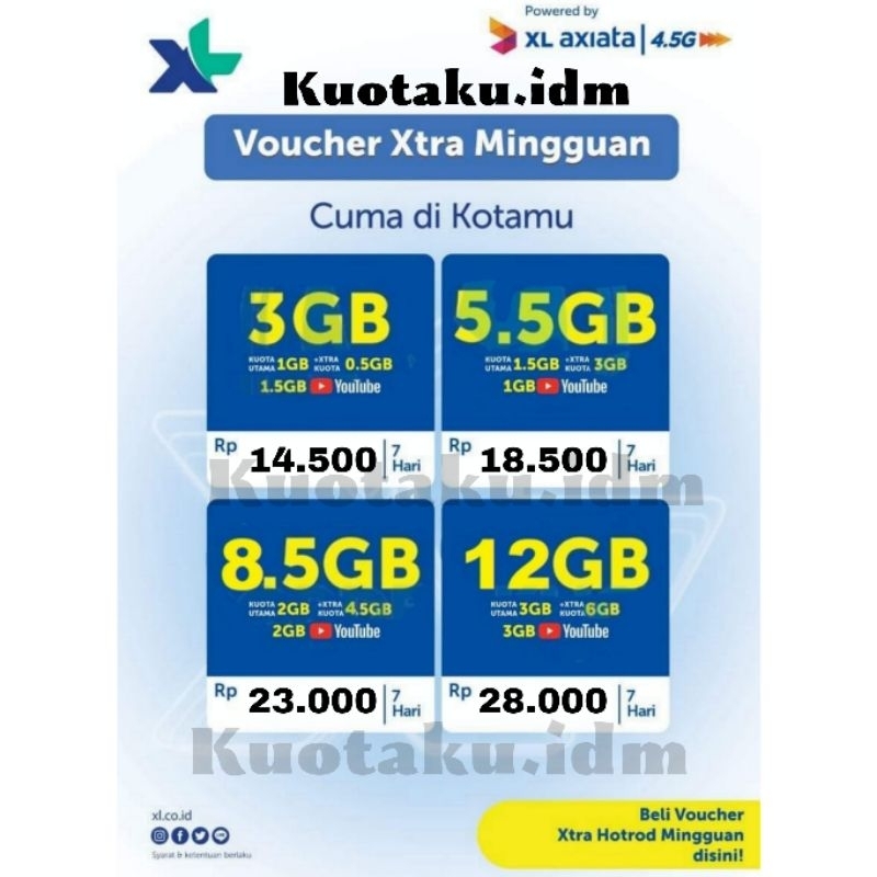 Jual VOUCHER KUOTA XL HOTROD MINGGUAN 2GB 3,5GB 5,5GB 9GB ISI ULANG KUOTA XL. KIRIM VIA CHAT ...