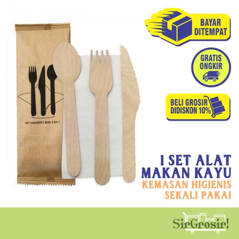 Jual ECO-FRIENDLY WOODEN CUTLERY SET - 1 Set Alat Makan Peralatan Sendok Garpu Pisau Tissue ...