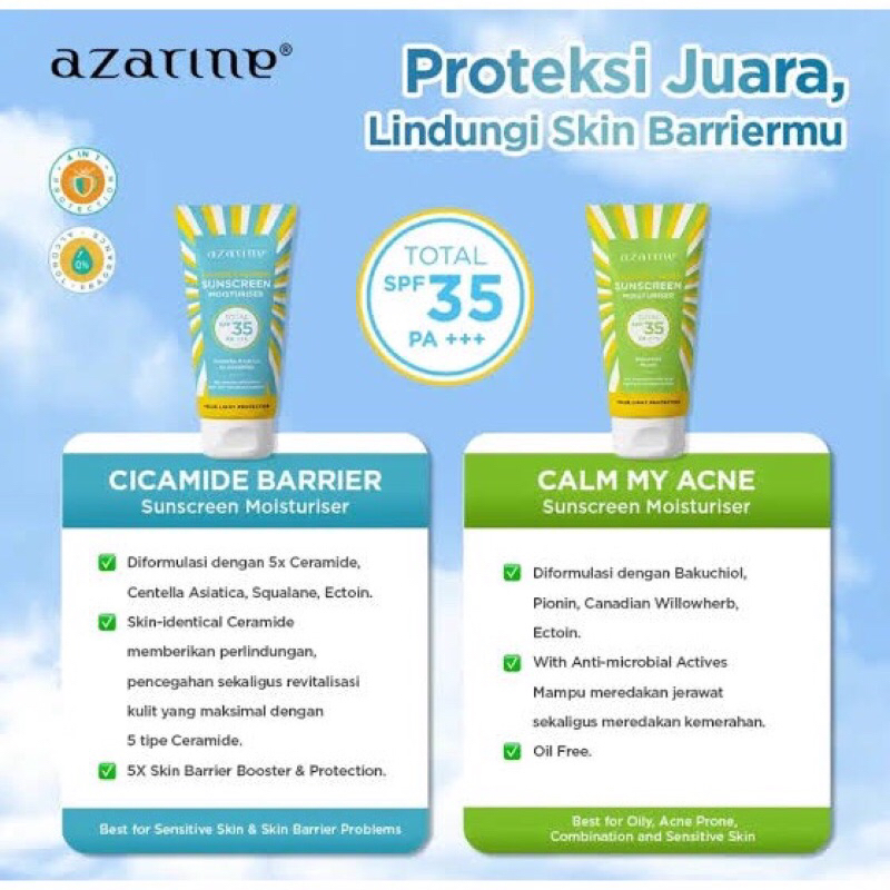 Jual AZARINE Cicamide Barrier Sunscreen Moisturiser // Calm My Acne Sunscreen Moisturiser SPF35 ...