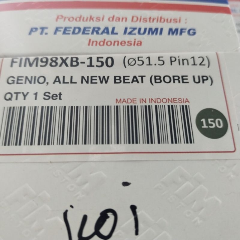 Jual PISTON KIT SET SEHER FIM 98XB BORE UP PIN 12 GENIO BEAT DELUXE ...