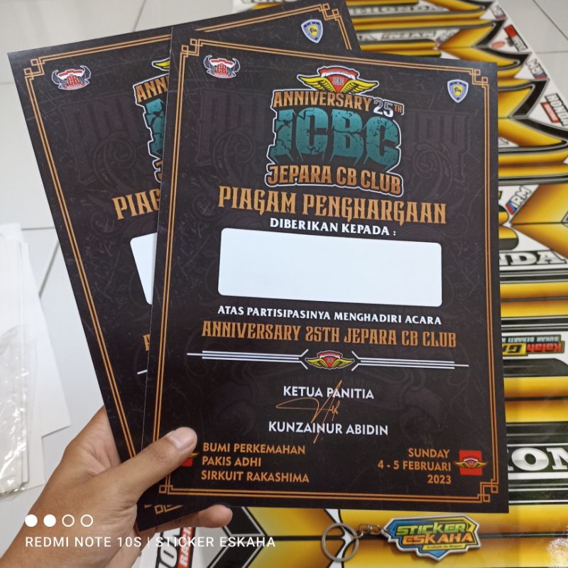 Jual Piagam Jepara CB Club JCBC Sertifikat Kehadiran Registrasi Acara ...