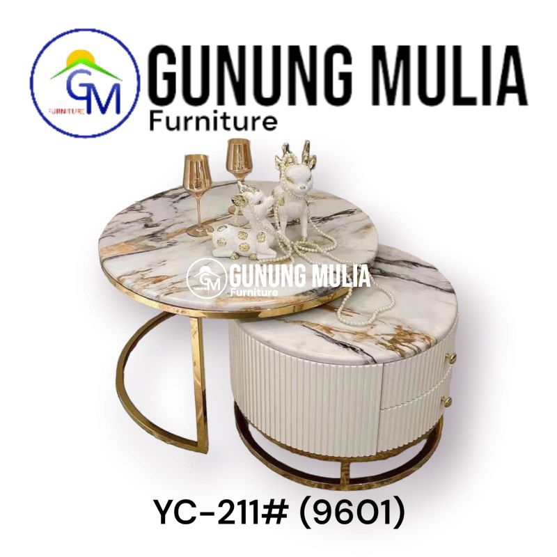 Jual Meja Tamu 2 Tingkat Gold Marmer Tebal Set Isi 2 Ada Laci Bulat ...