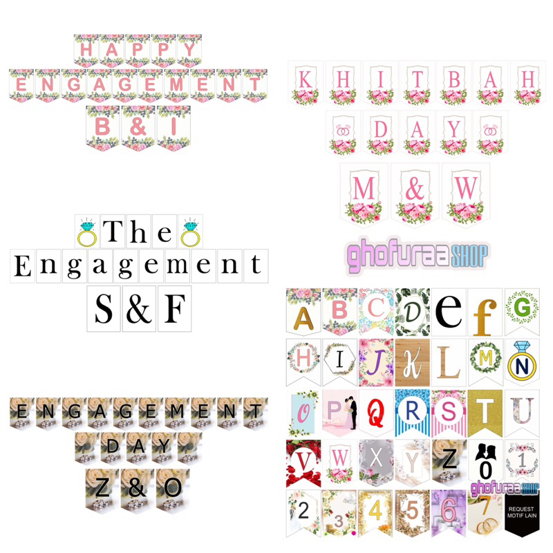 Jual Bunting flag custom set banner tulisan Happy Engagement inisial ...