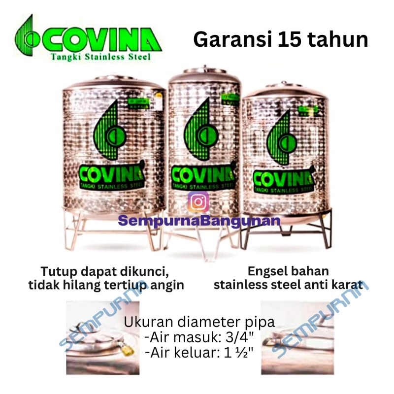 Jual Tandon tangki toren air stainless steel Covina CT-750 CT-1000 BK ...