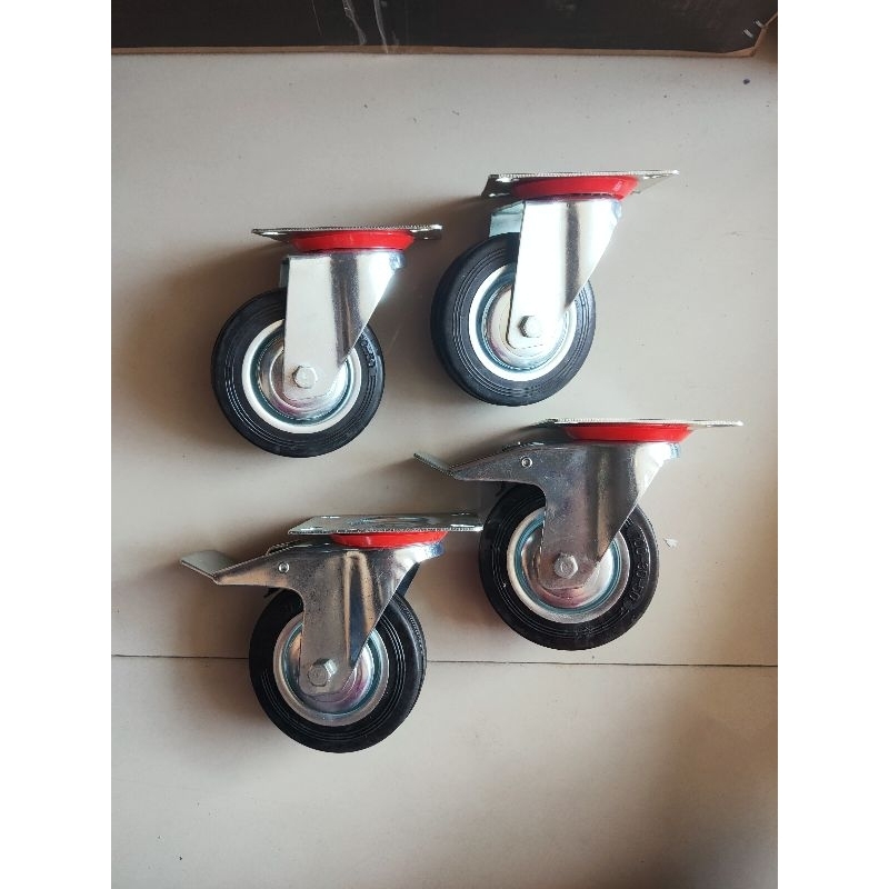 Jual Paket roda gerobak karet 4" hitam 2 Hidup 2 Rem Roda troli set ...