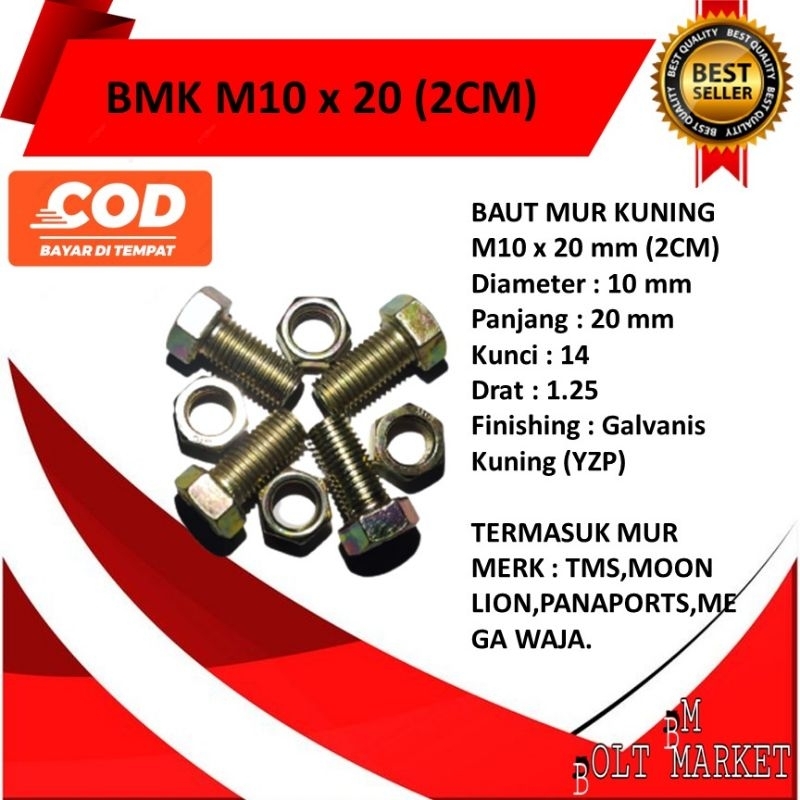 Jual Baut + Mur Hex Kuning M10 X 20 MM BMK Hex (Kunci 14) Glavanis | Shopee Indonesia