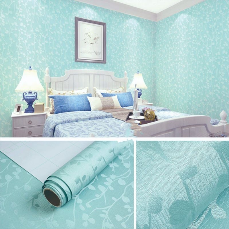 Jual Wallpaper Dinding Wallpaper Sticker Dinding Warna Biru Polos Bertekstur Salur Daun Cocok ...