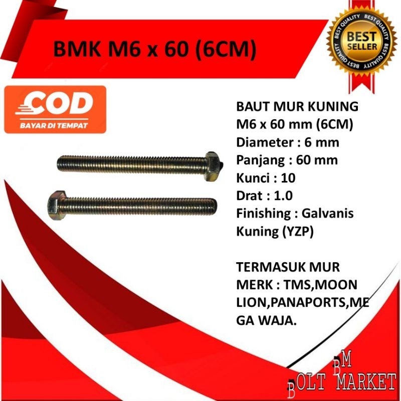 Jual Baut + Mur Hex Kuning M6 X 60 MM BMK Hex (Kunci 10) Glavanis ...