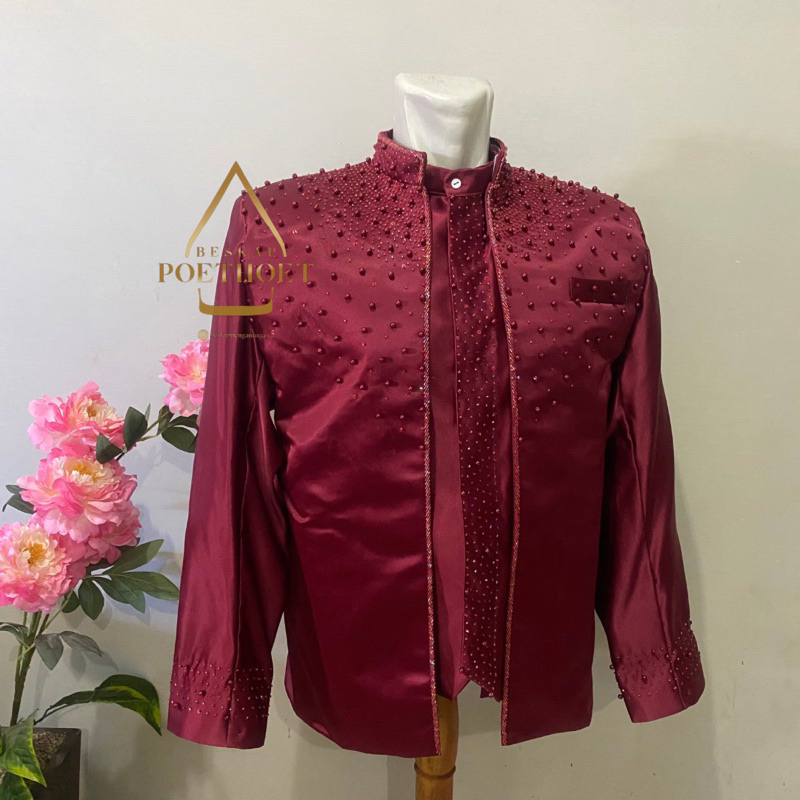 Jual Jas beskap pengantin merah maroon set lengkap celana dan peci ...