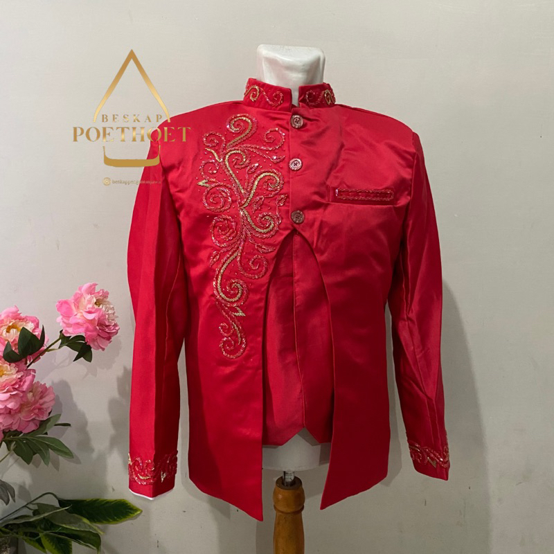 Jual Beskap basofi jas akad nikah Sunda merah cabai payet set celana ...