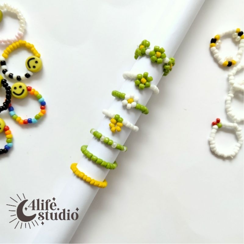 Jual [BACA DESKRIPSI] RING BEADS CINCIN MANIK FLOWERS GREEN WHITE ...