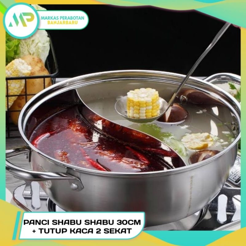 Jual Panci Shabu Shabu 30cm sekat 2 + Tutup kaca/ Panci Shabu - Shabu 2 ...
