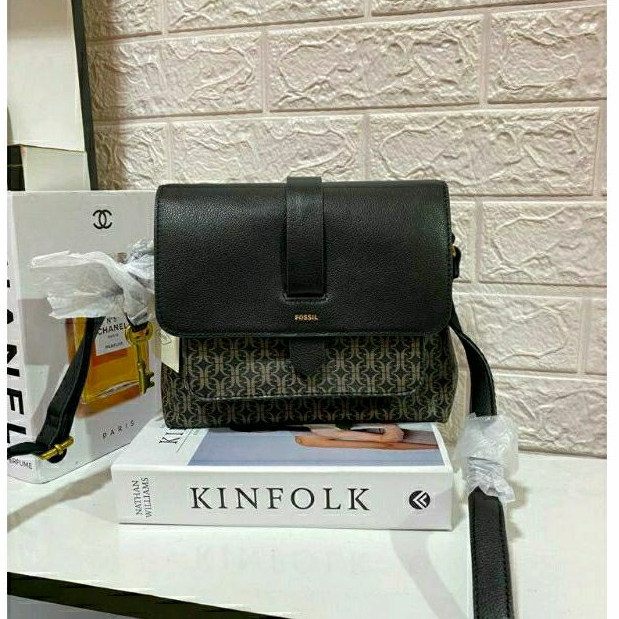 Jual Tas F.OSSIL Kinley Small Crossbody Black Brown PVC Leather ...