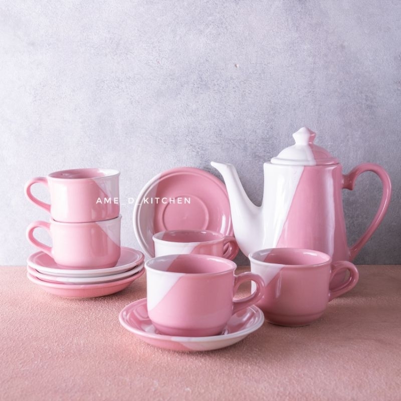 Jual Tea set keramik 12 pcs two tone pink | Shopee Indonesia