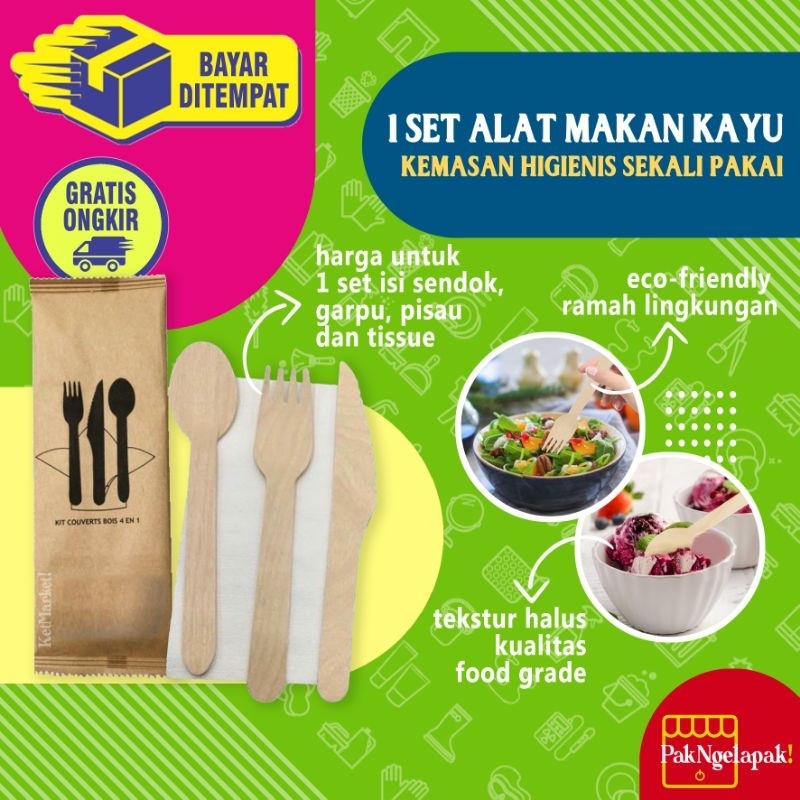 Jual ECO-FRIENDLY WOODEN CUTLERY SET - 1 Set Alat Makan Peralatan Sendok Garpu Pisau Napkin Tisu ...