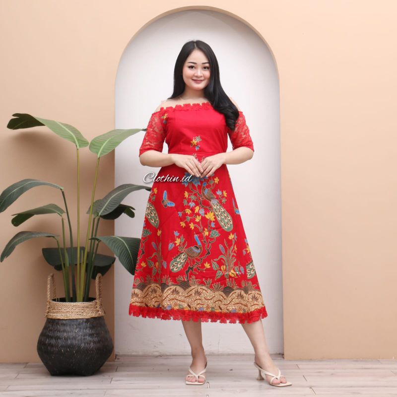 Jual dress batik pesta motif merak - dress batik premium - dress modern ...