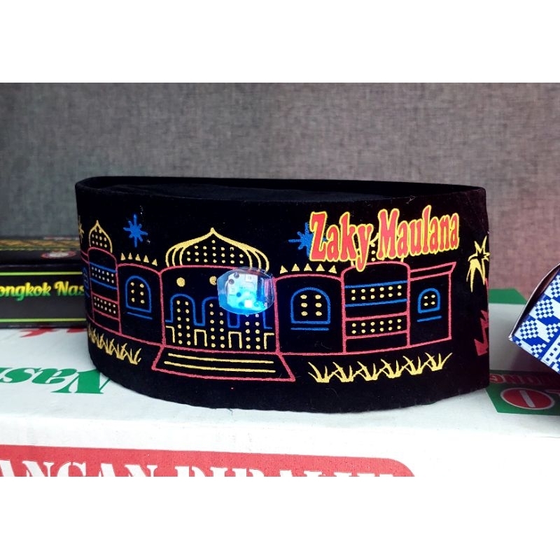 Jual Peci/Songkok/Kopyah LED GRATIS NAMA ANAK Motif Karakter masjid ...