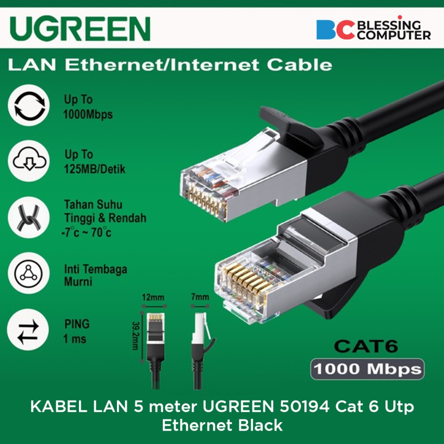 Jual KABEL LAN 5 meter UGREEN 50194 Cat 6 Utp Ethernet Black | Shopee Indonesia