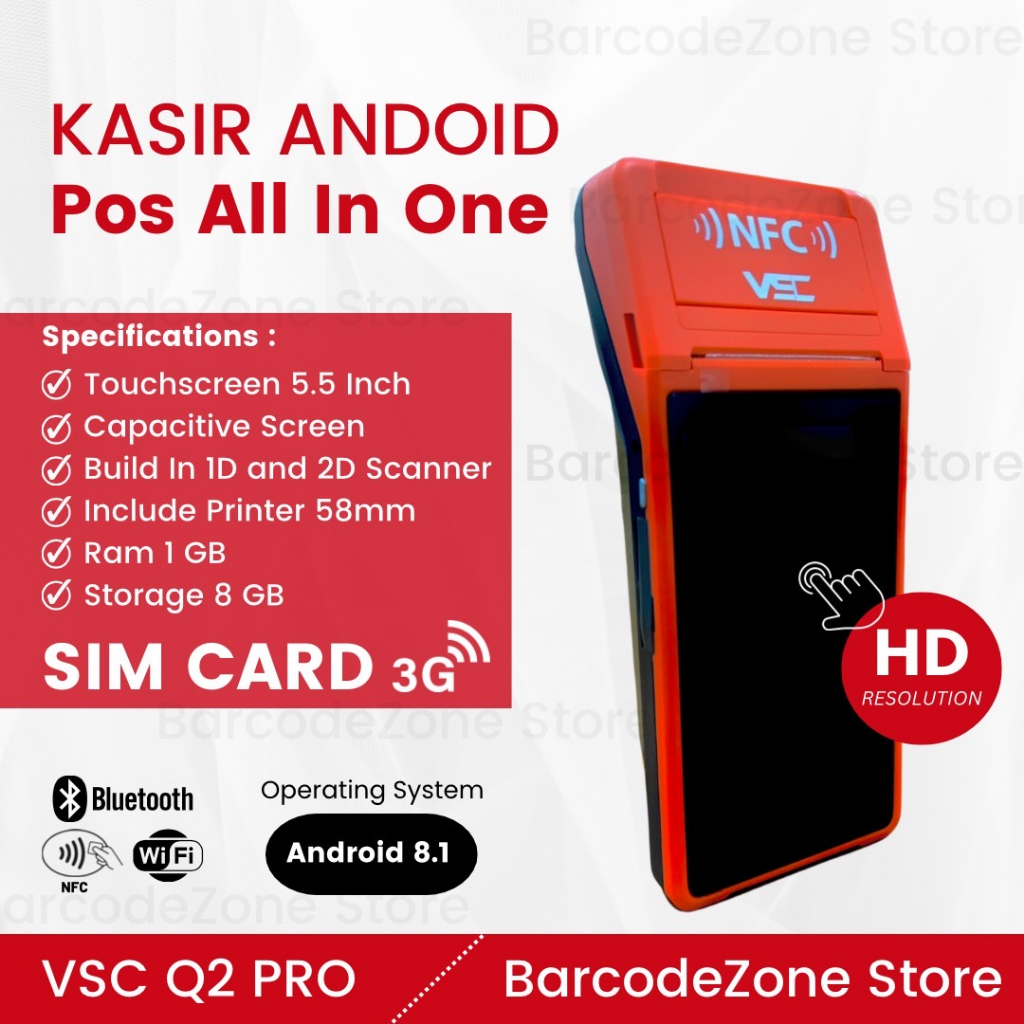 Jual ANDROID POS KASIR VSC Q2 PRO THERMAL PRINTER (Bluetooth+NFC+Scan) 3G SETARA SUNMI V2 ADVAN ...